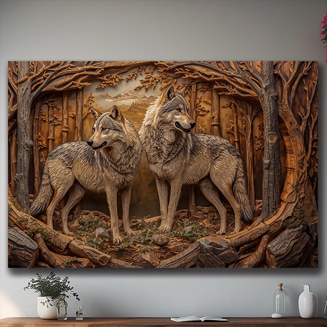 Wolf Couple Wall Art – Realistic Woodland Wolves, Rustic Wildlife Decor ...