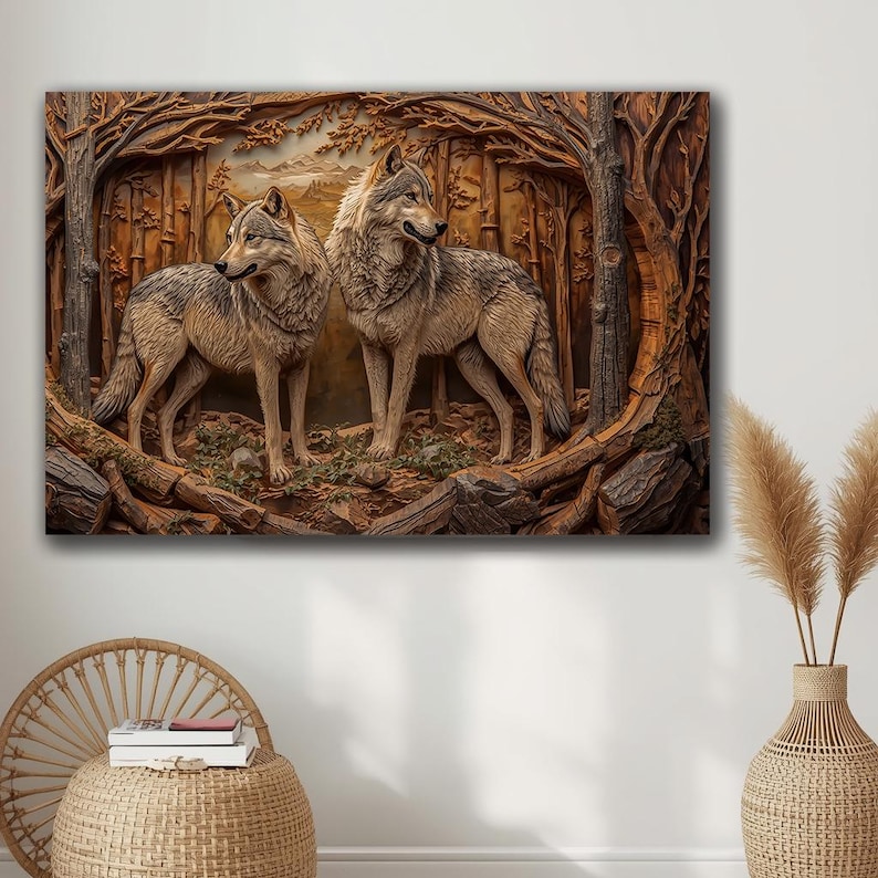 Wolf Couple Wall Art – Realistic Woodland Wolves, Rustic Wildlife Decor ...