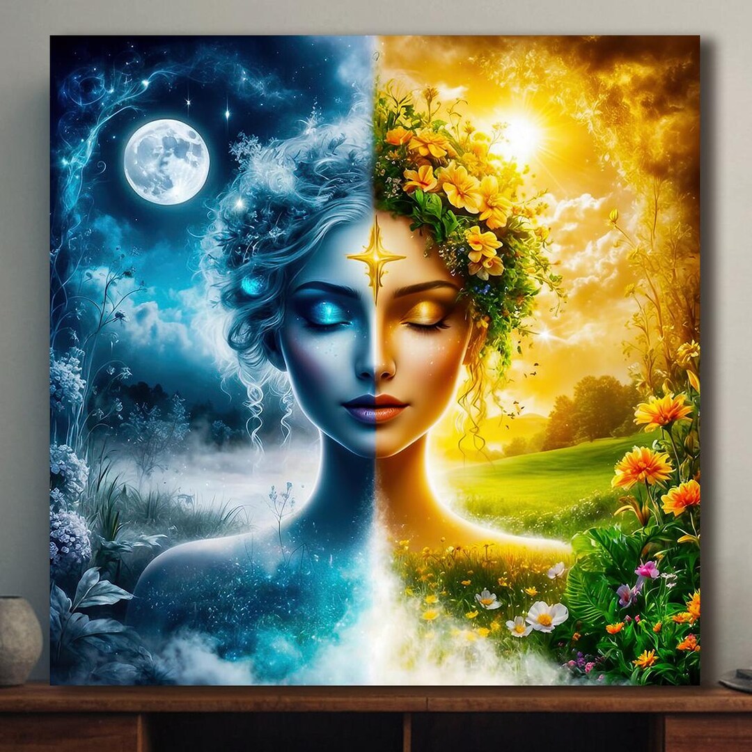 Moon and Sun Goddess Canvas Art: Dual Sided Day & Night Decor - Etsy