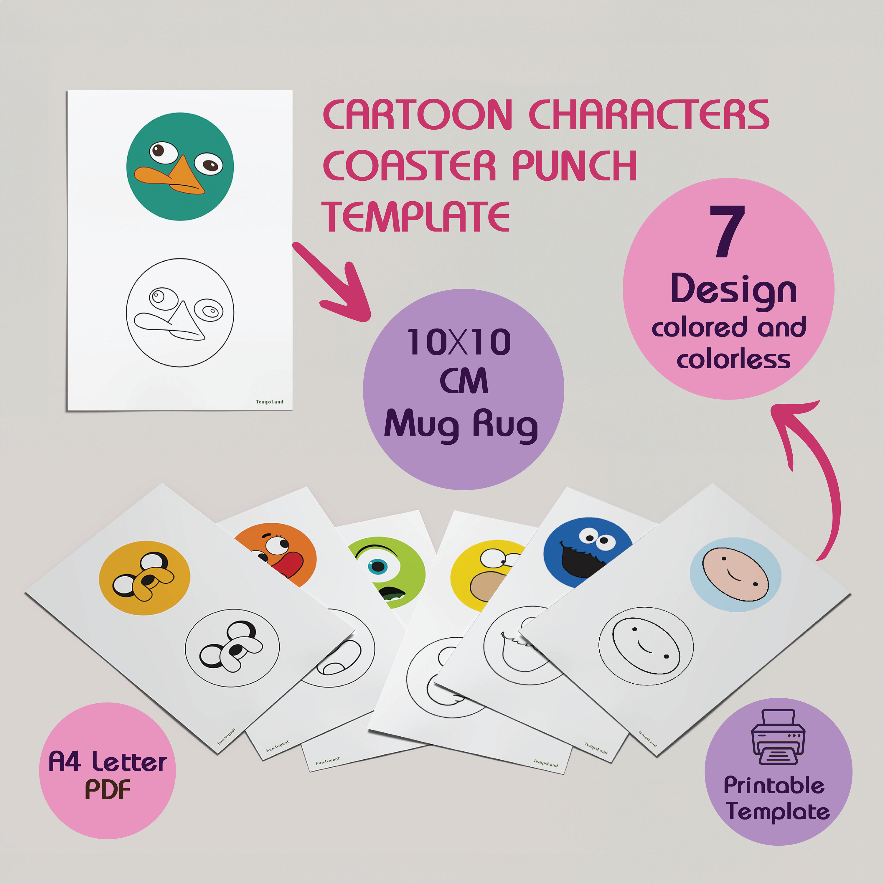 Cartoon Characters Coaster Punch Needle Template, Mug Rug, Punch Needle ...