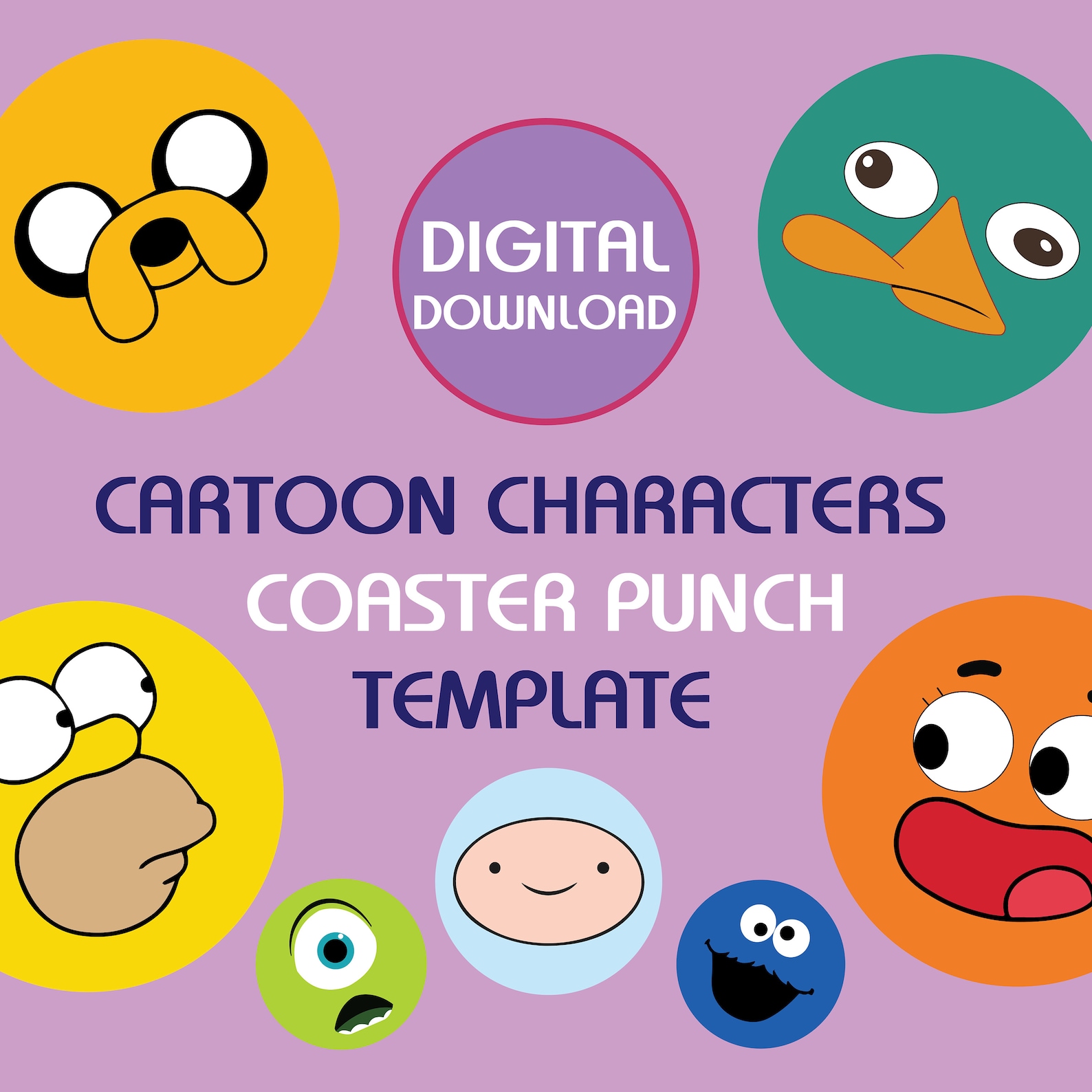 Cartoon Characters Coaster Punch Needle Template, Mug Rug, Punch Needle ...