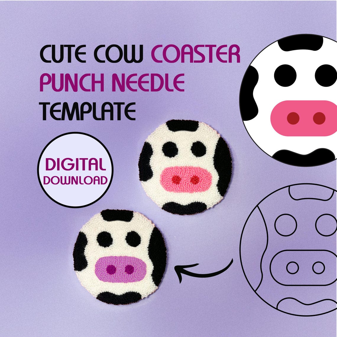 Cow Coaster Punch Needle Pattern: Mug Rug Template (PDF Pattern) - Etsy