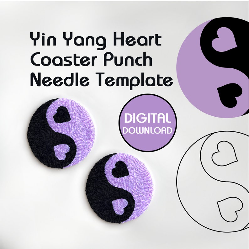 Ying Yang Heart Coaster Punch Needle Template, Mug Rug, Punch Needle ...