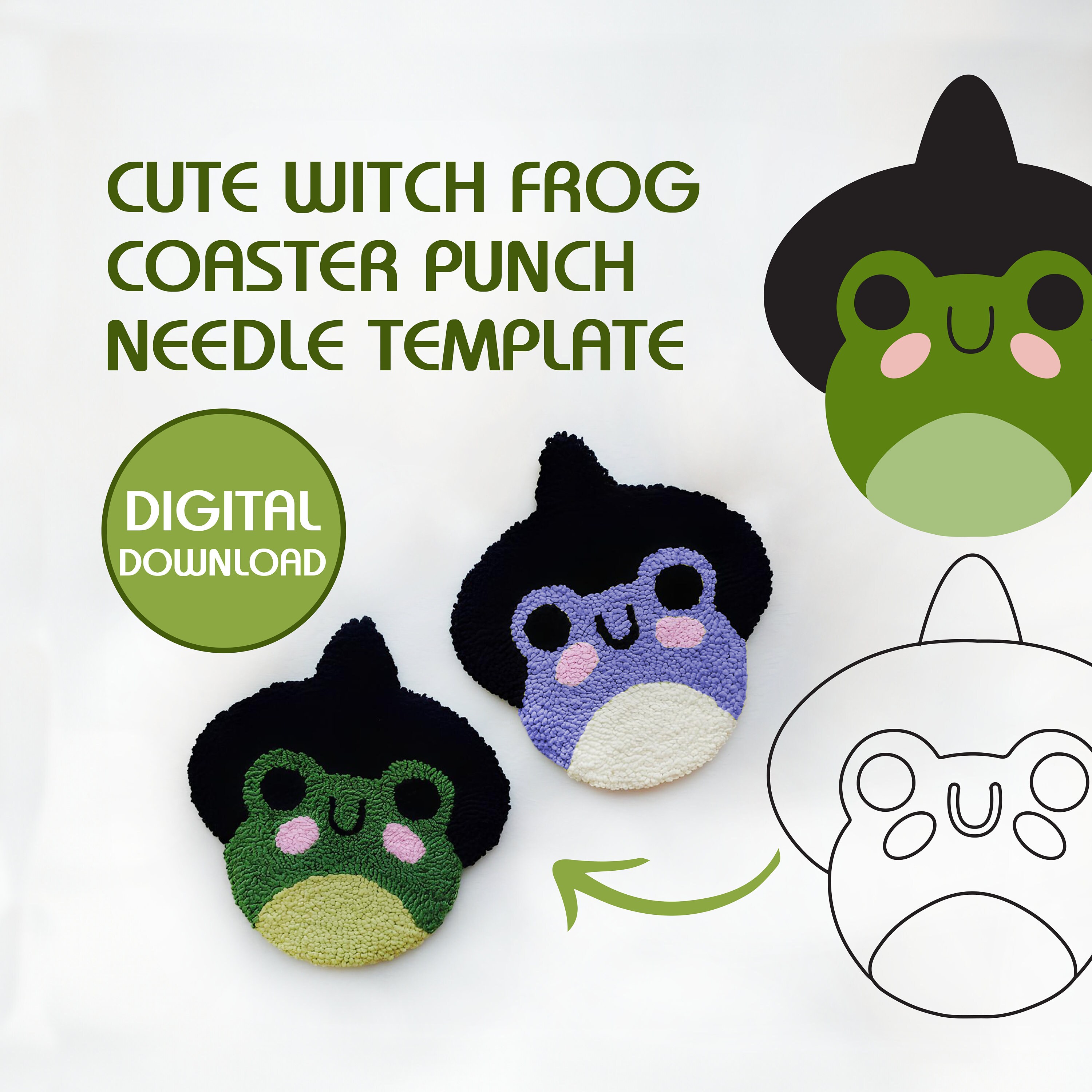 Cute Witch Frog Coaster Punch Needle Template, Mug Rug, Punch Needle ...