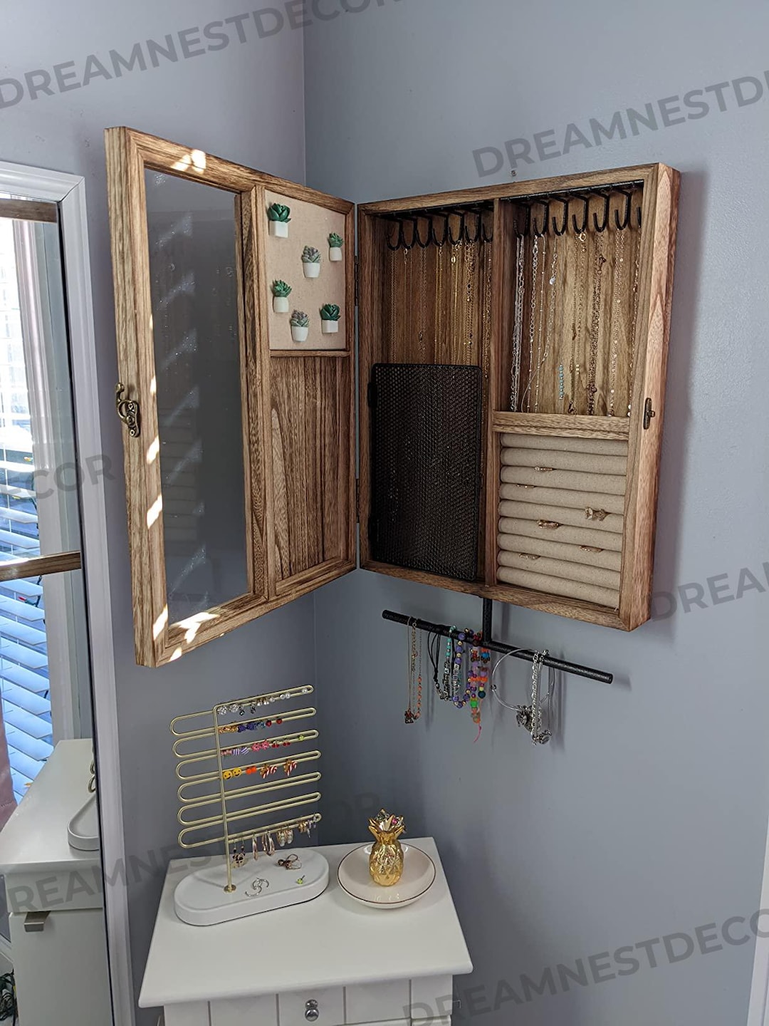 Wooden Wall Mounted Jewelry Organizer With Cabinet | Wall Jewelry ...