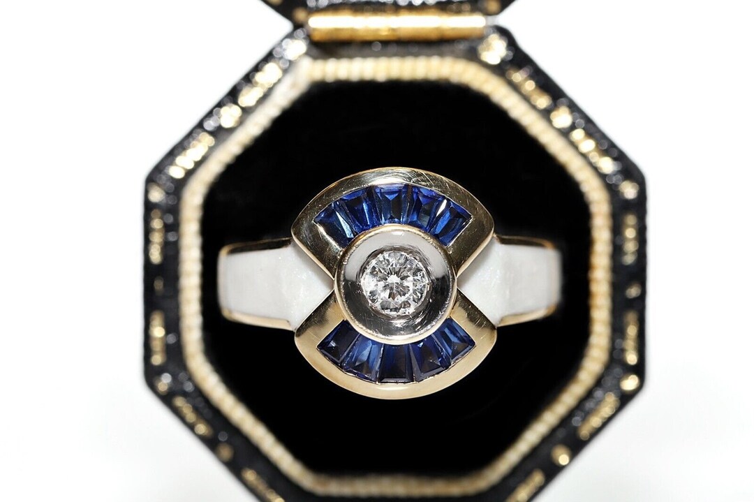 14k Gold Natural Diamond and Caliber Sapphire Decorated Enamel Ring - Etsy