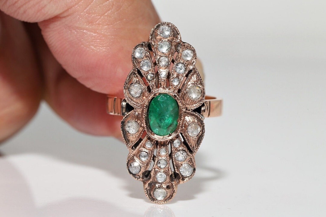 Vintage Circa 1970s 8k Gold Natural Rose Cut Diamond and Emerald ...