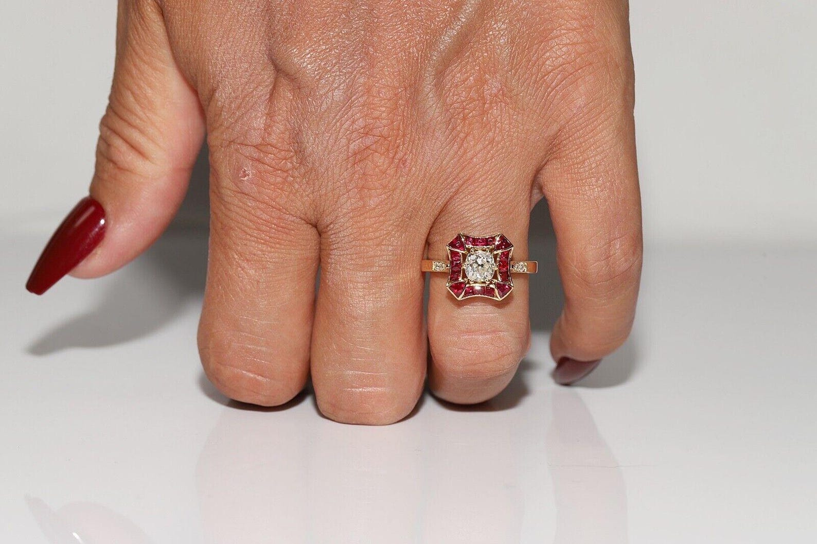 New Made 18k Gold Natural Old Cut Diamond and Caliber Cut Ruby Wedding ...