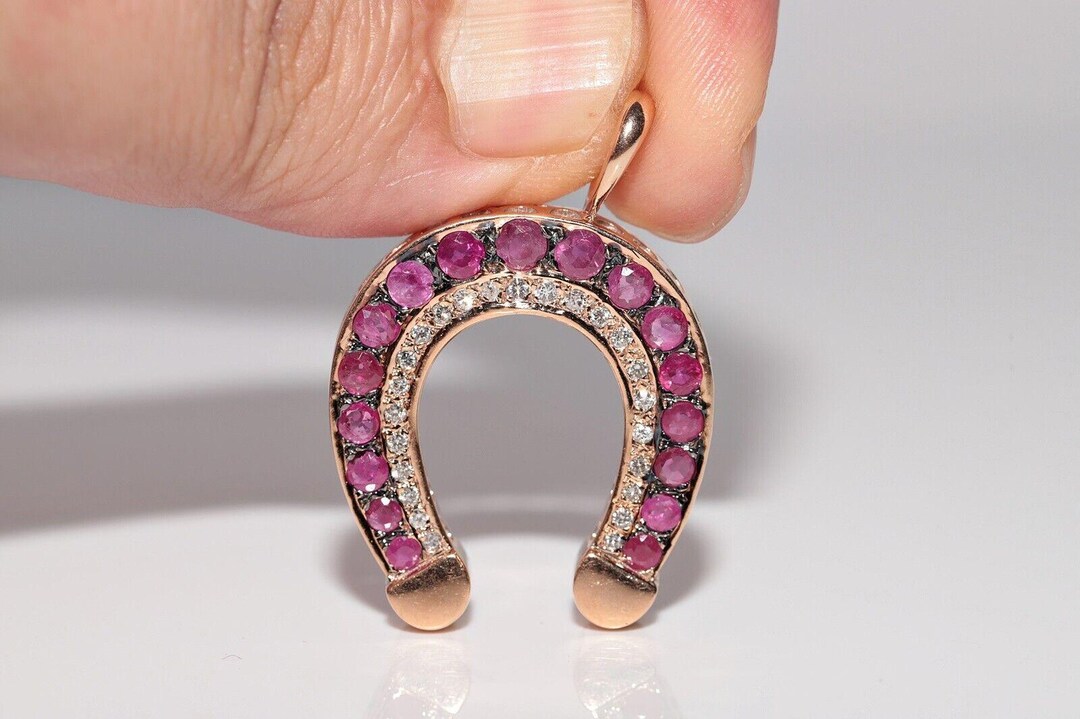 Vintage Circa 1990s 14k Gold Natural Diamond and Ruby Horseshoe Pendant ...