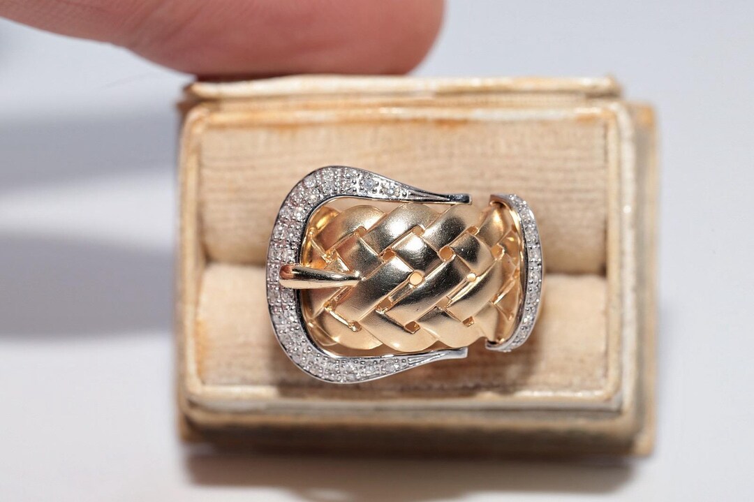 Vintage Circa 1960s 14k Gold Natural Diamond Decorated Belt Design Ring ...