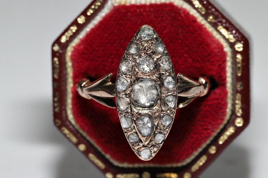 Antique Circa 1900s 8k Gold Natural Rose Cut Diamond Navette Ottoman