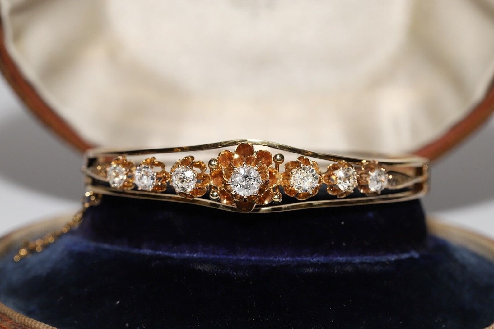 Antique Circa 1900s 14k Gold Natural Old Cut Diamond Decorated Bangle ...