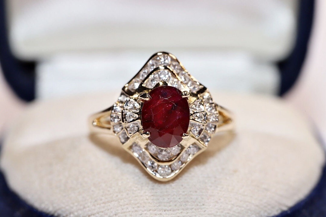 Vintage Circa 1980s 14k Gold Natural Diamond and Ruby Decorated Navette ...
