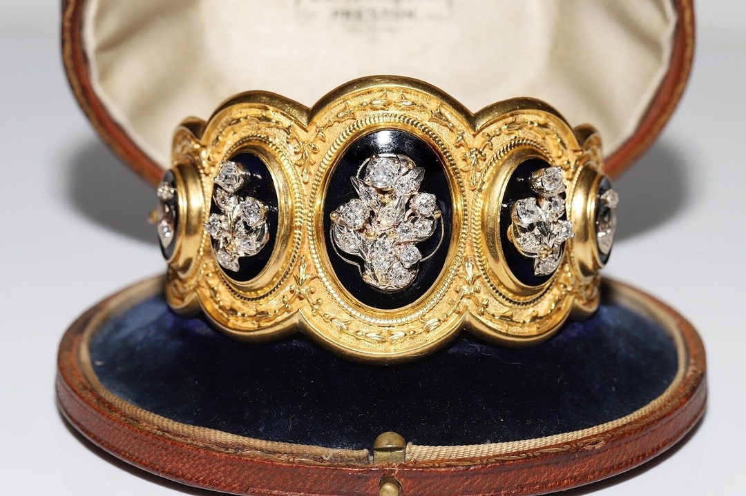Antique Circa 1900s 14k Gold Natural Old Cut Diamond Decorated Enamel ...