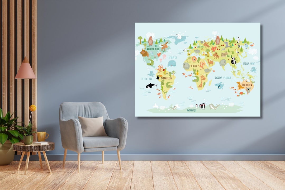 Kid's World Map Poster, Children's World Map Art Printing, Animal World ...