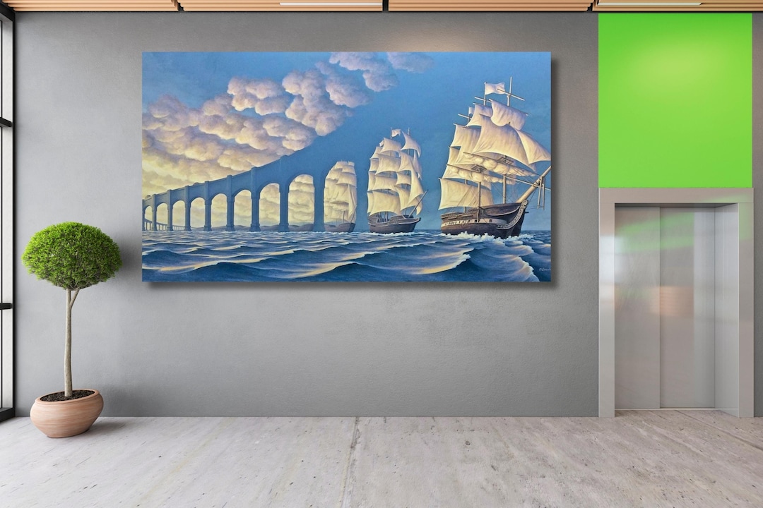 Surrealist Bridge and Ships Canvas Art,bridge in the Clouds Art Print ...