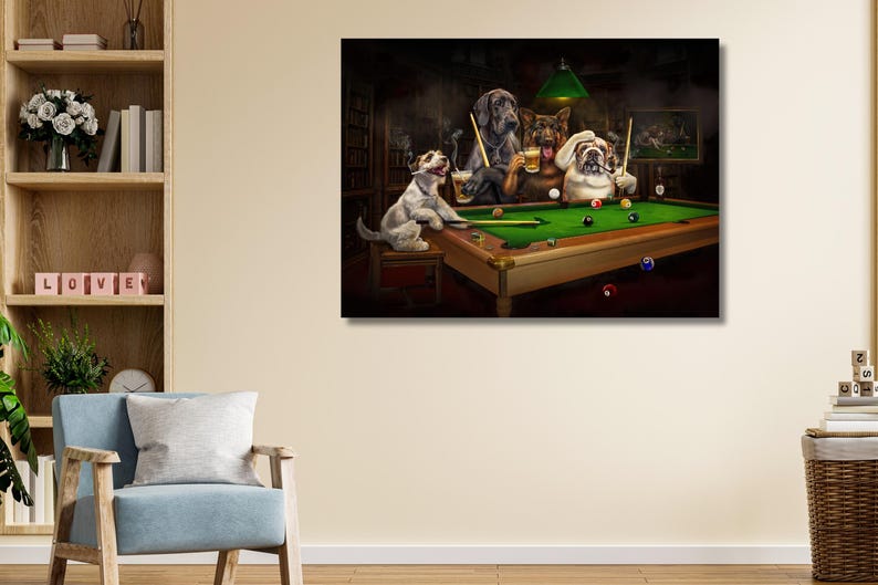 Funny Dogs Playing Billiard Canvas Wall Art,dog Billiard Players Canvas ...