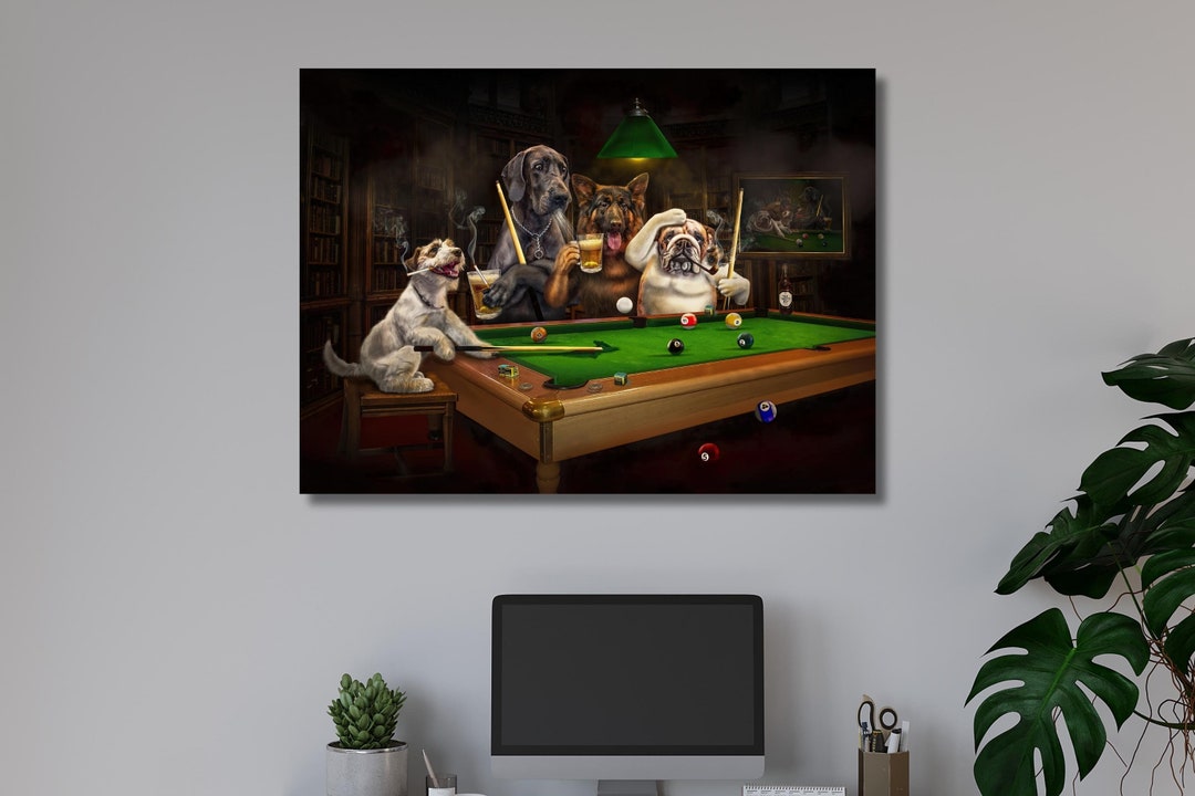 Funny Dogs Playing Billiard Canvas Wall Art,dog Billiard Players Canvas ...