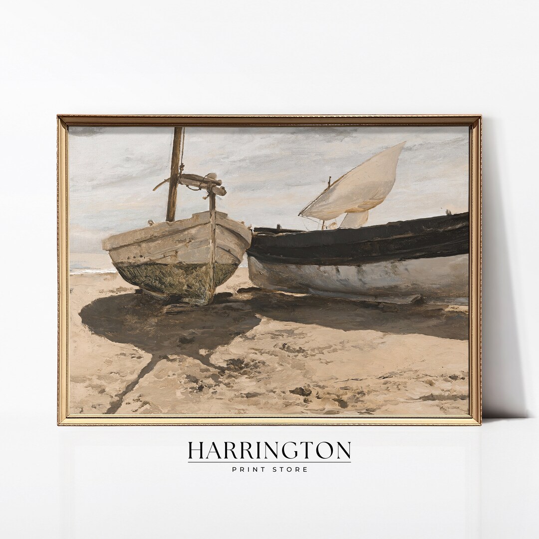 Vintage Neutral Boat Painting, Soft Coastal Landscape, Summer Vintage ...