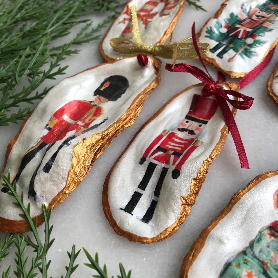 Vintage Oyster Shell Christmas Ornaments: Nutcracker, Guard, Bunny Set ...