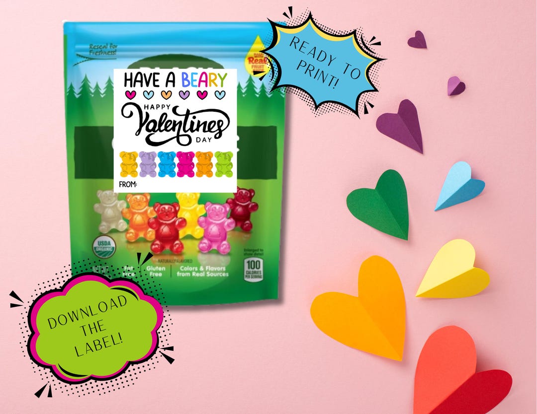 Gummy Bear Valentine Favor Tag | Snack Bag Tag | Classroom Favor Label ...