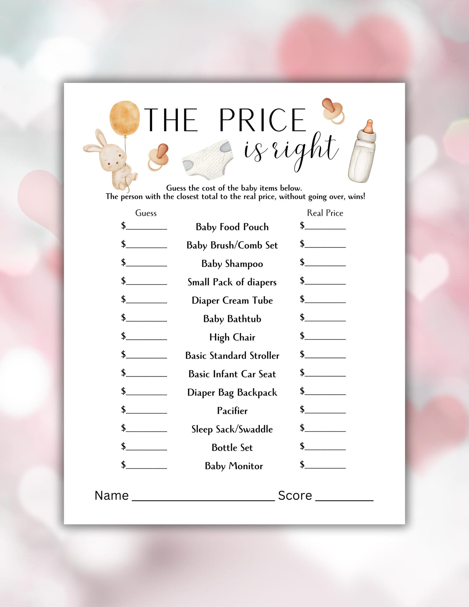 Printable Baby Shower Game, the Price is Right, PDF Printable, Games ...