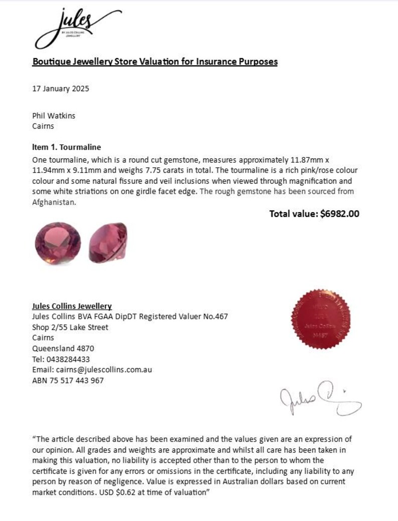 7.75ct Strawberry Rubellite Tourmaline Round Brilliant Cut Gemstone ...