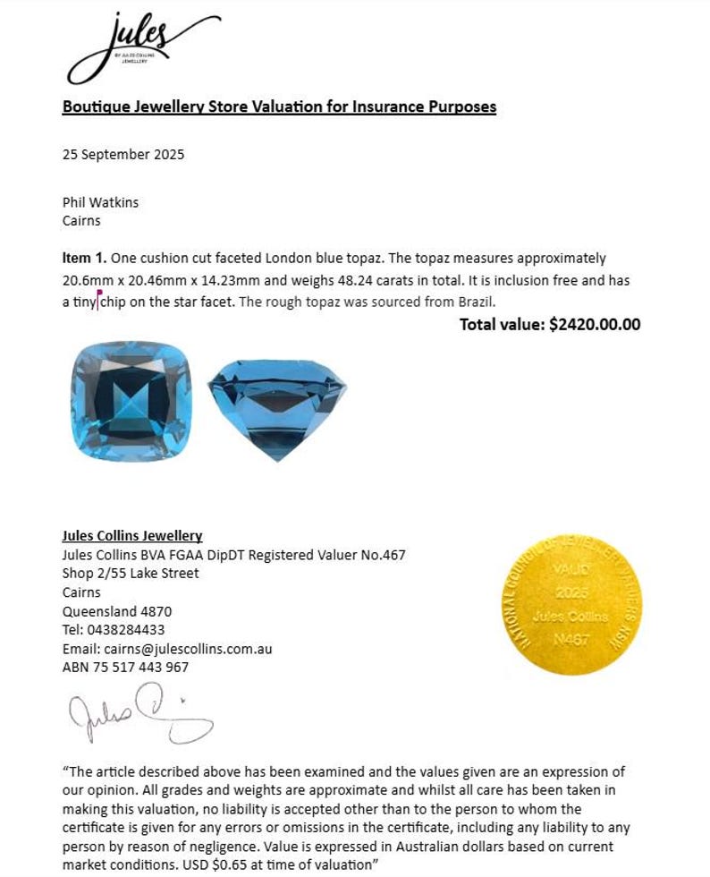 48.24ct Huge London Blue Topaz Cushion Cut. Mined in Brazil. - Etsy ...