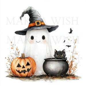 10 Cute Ghost Halloween Watercolor Clipart, Pumpkin Illustration, Fall ...