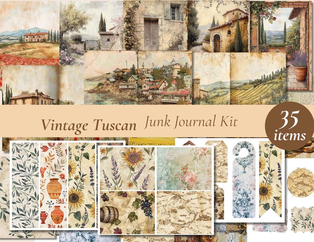 Vintage Tuscan Junk Journal Kit, Rustic Italian Ephemera, Hand-drawn ...