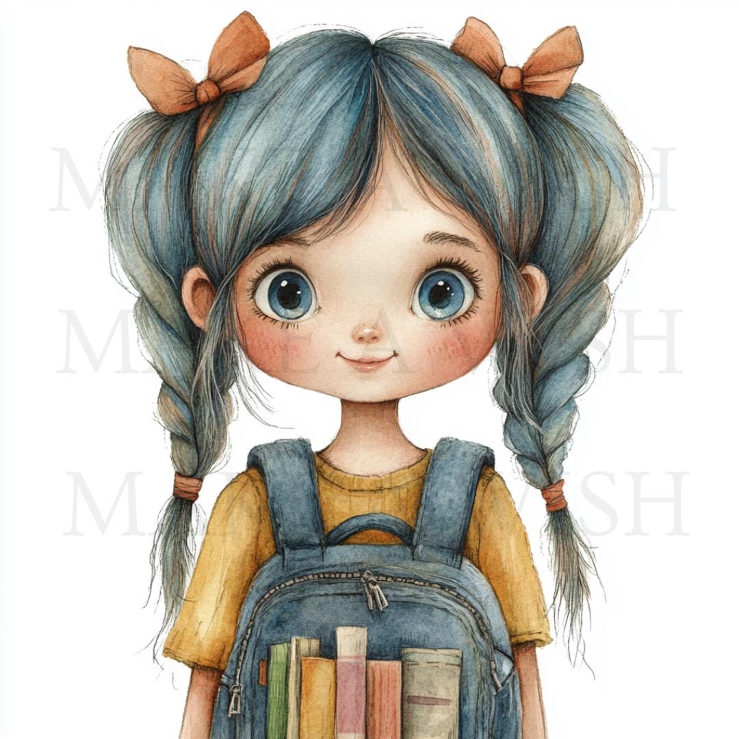 10 Quirky Girls, Back to School, Watercolor Clipart Bundle, Watercolor ...