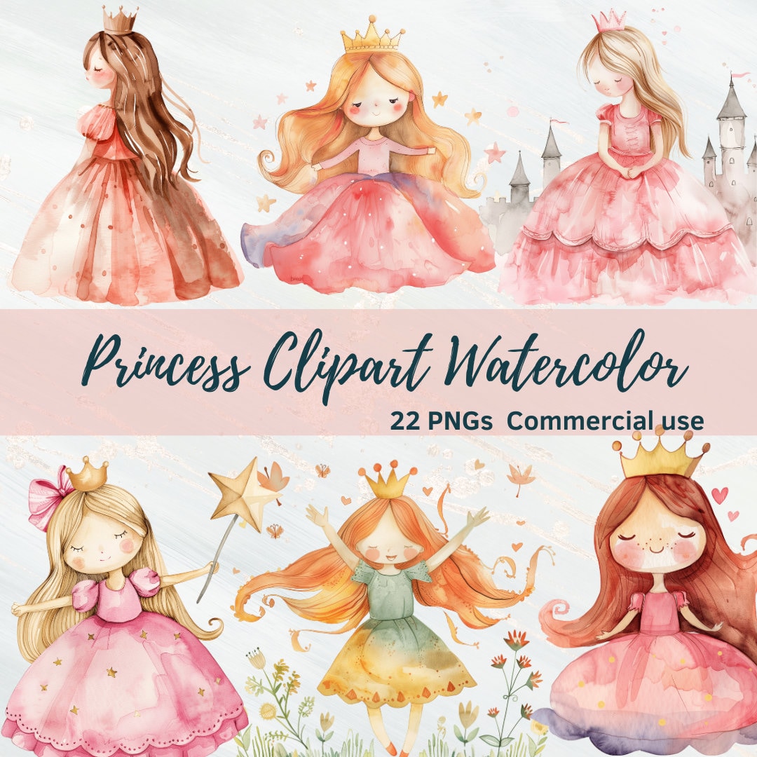 Pink Princesses Watercolor Clipart, Princess Png, Princesses Clipart ...