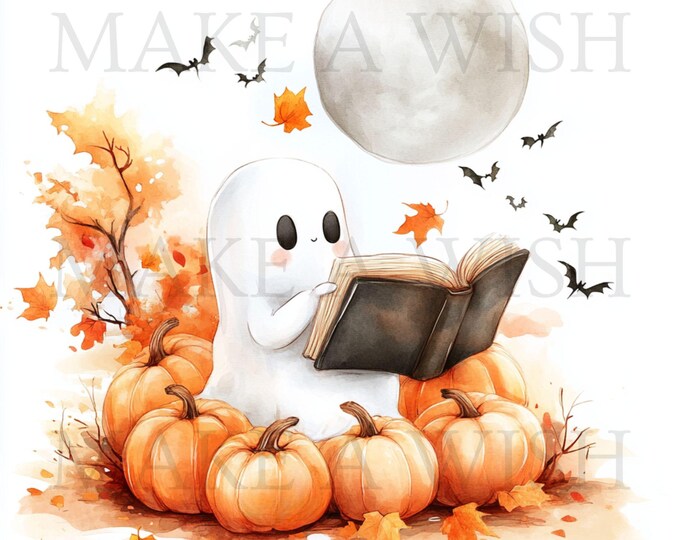 8 Quirky Ghost Reading Books Clipart Jpg, Cute Halloween Ghost ...