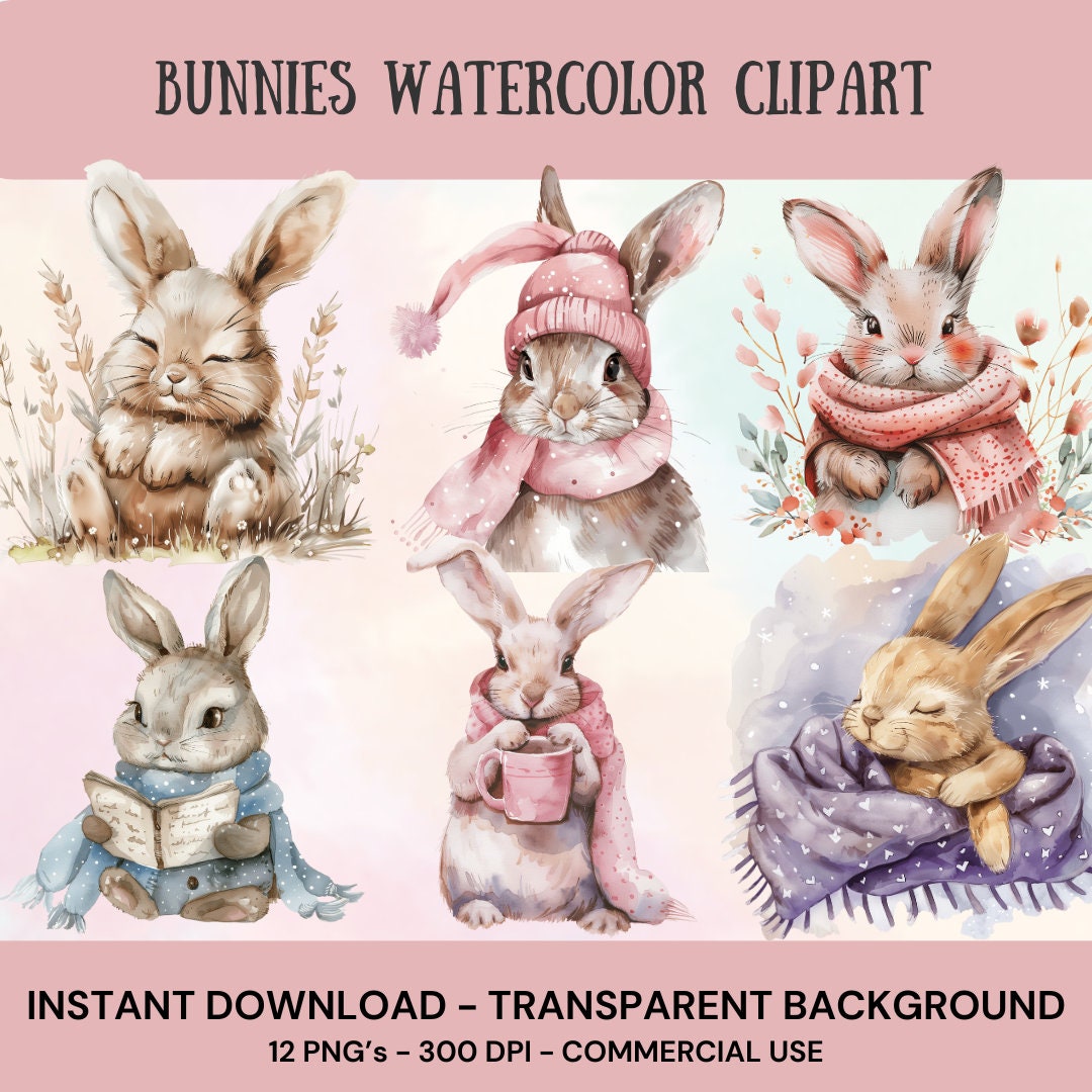 Set of 12 PNG Clipart of Storybook Rabbits. Watercolor Bunnies. Forest ...
