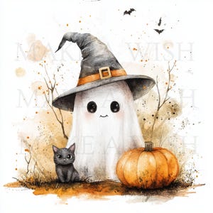 10 Cute Ghost Halloween Watercolor Clipart, Pumpkin Illustration, Fall ...