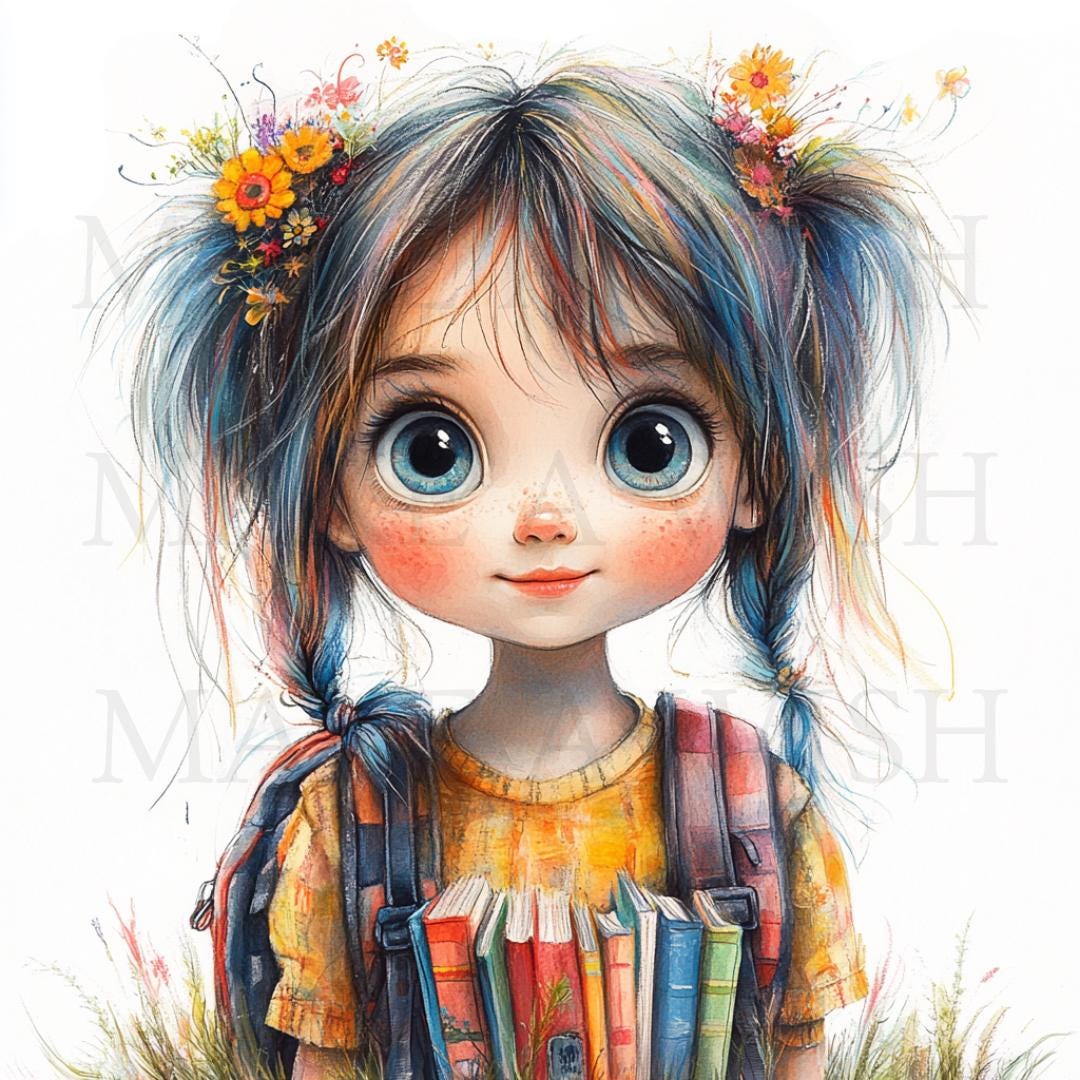 10 Quirky Girls, Back to School, Watercolor Clipart Bundle, Watercolor ...