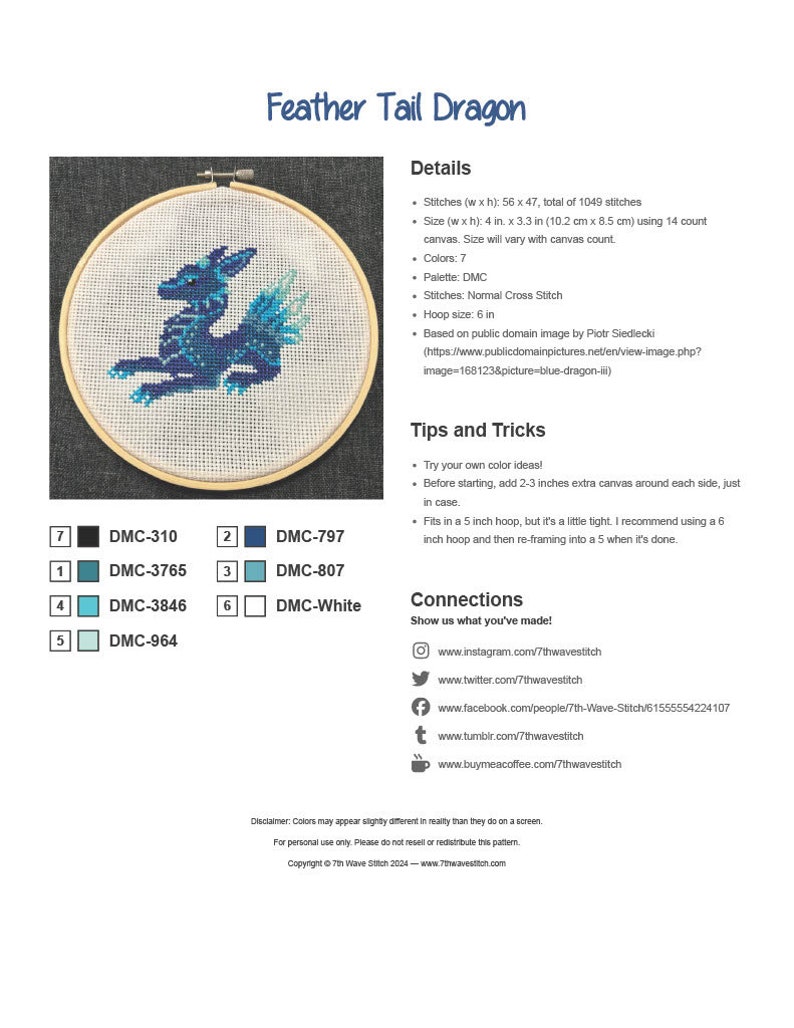 Small Easy Blue Dragon Cross Stitch Pattern PDF Instant Download - Etsy