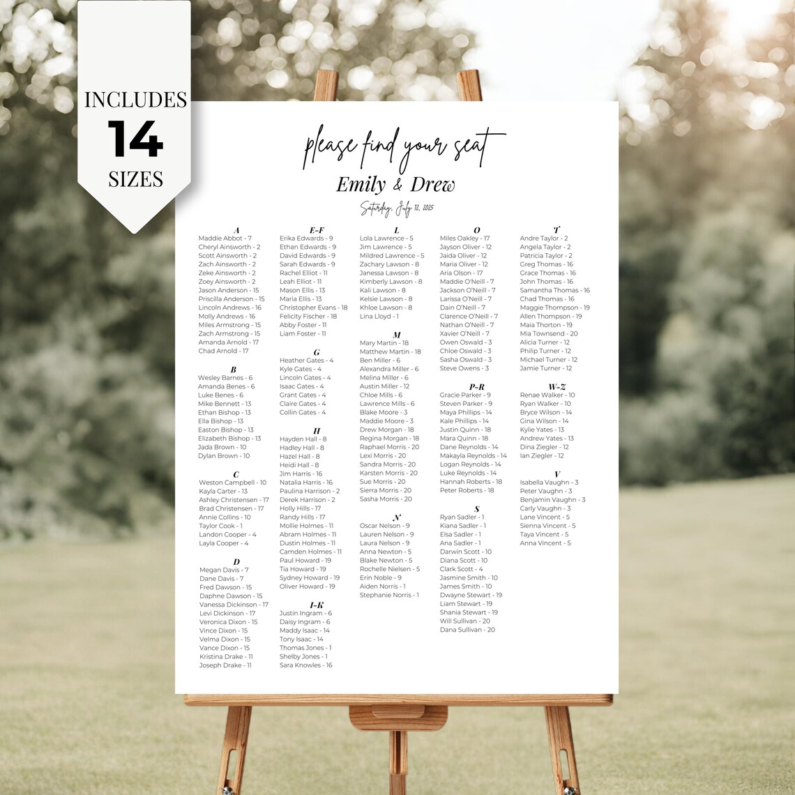 Alphabetical Wedding Seating Chart Template, Large Seating Chart ...