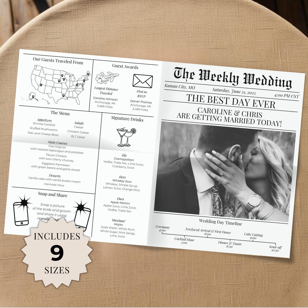 Wedding Newspaper Program, Wedding Menu, Newspaper Welcome Bag ...