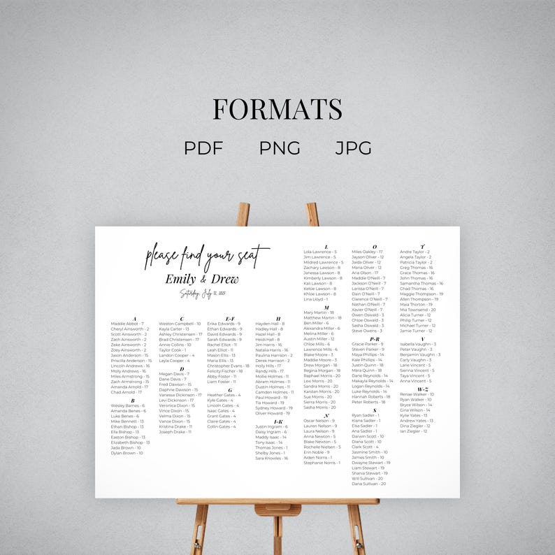 Alphabetical Wedding Seating Chart Template, Large Seating Chart ...