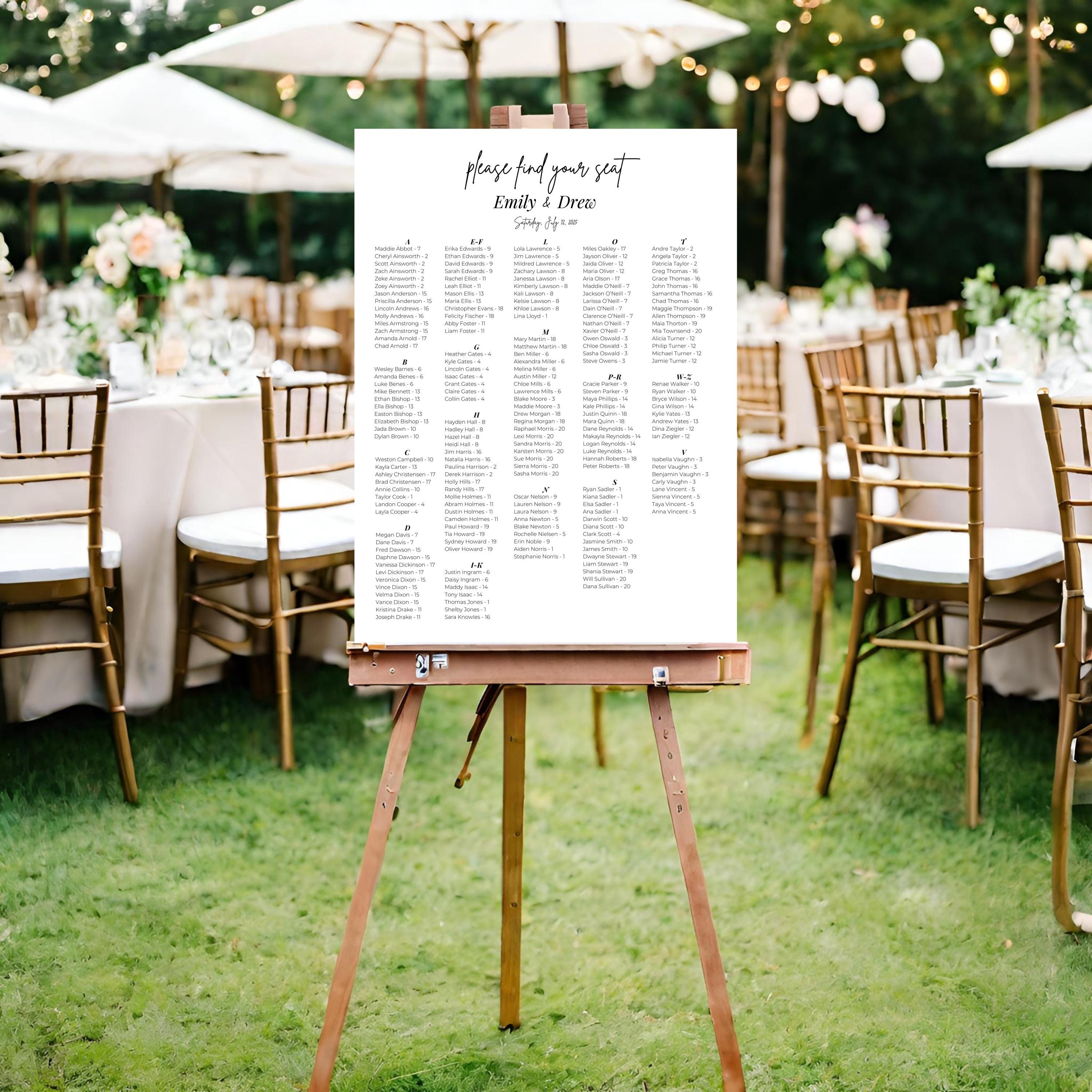 Alphabetical Wedding Seating Chart Template, Large Seating Chart ...