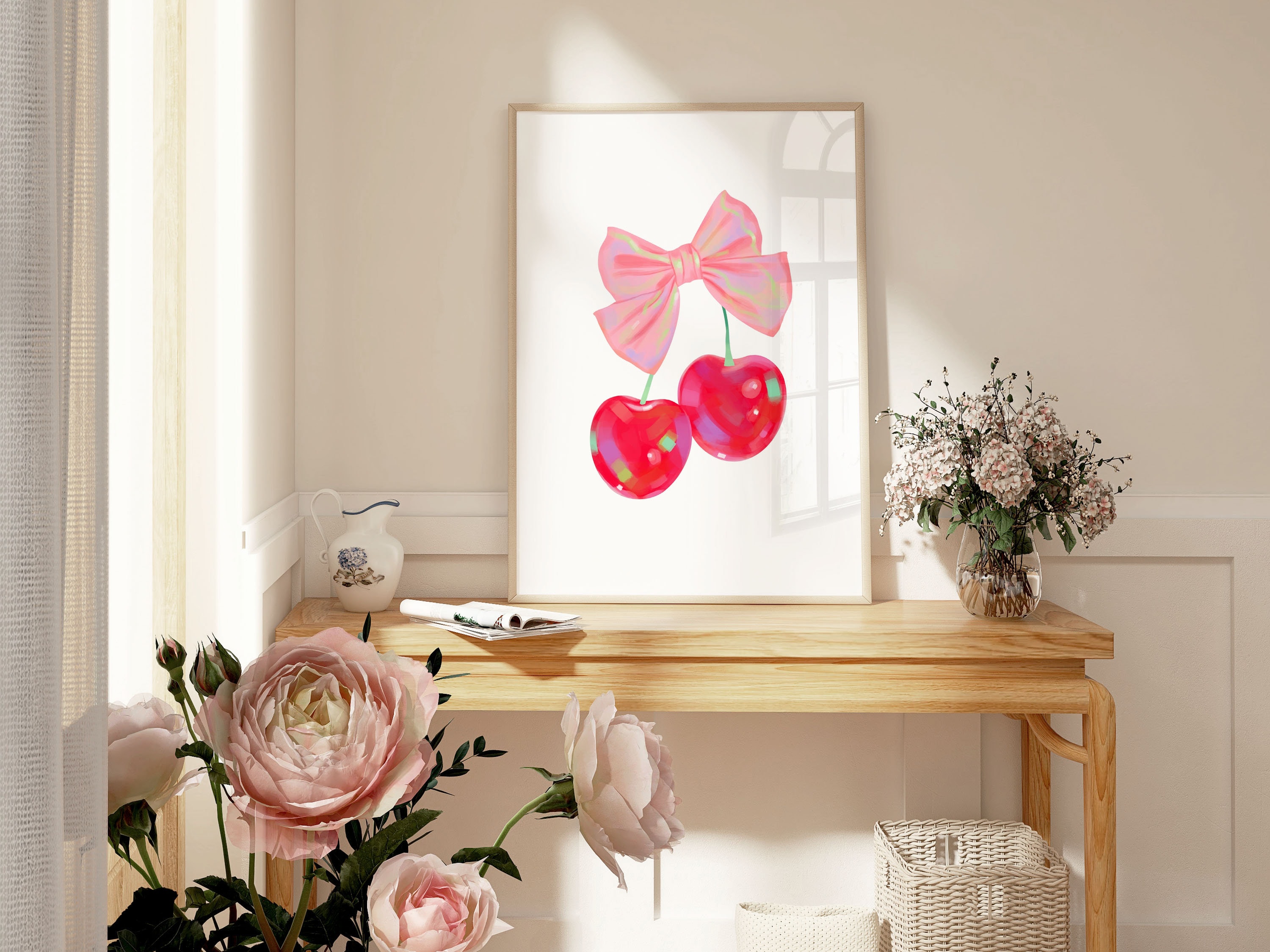 Cherry Wall Art Print, Coquette Pink Bow Soft Girl Bedroom Decor, Printable Feminine Poster ...