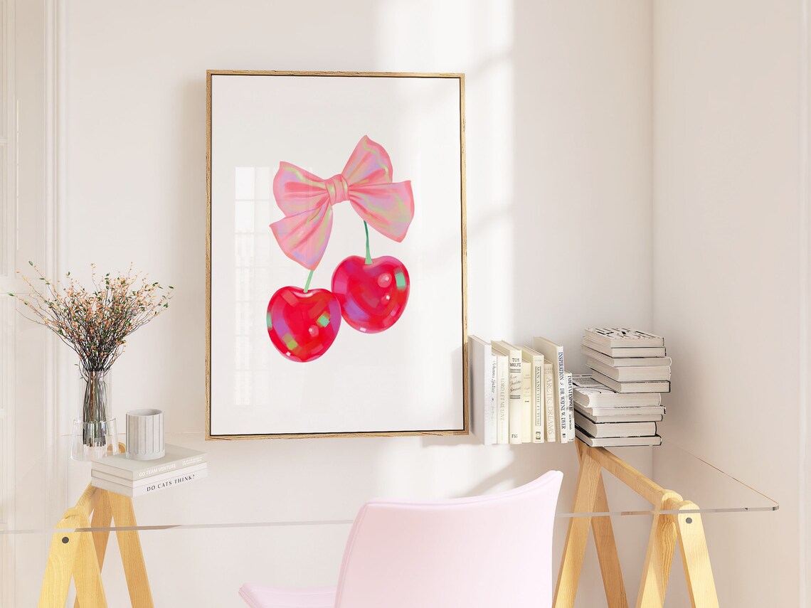Cherry Wall Art Print, Coquette Pink Bow Soft Girl Bedroom Decor, Printable Feminine Poster ...