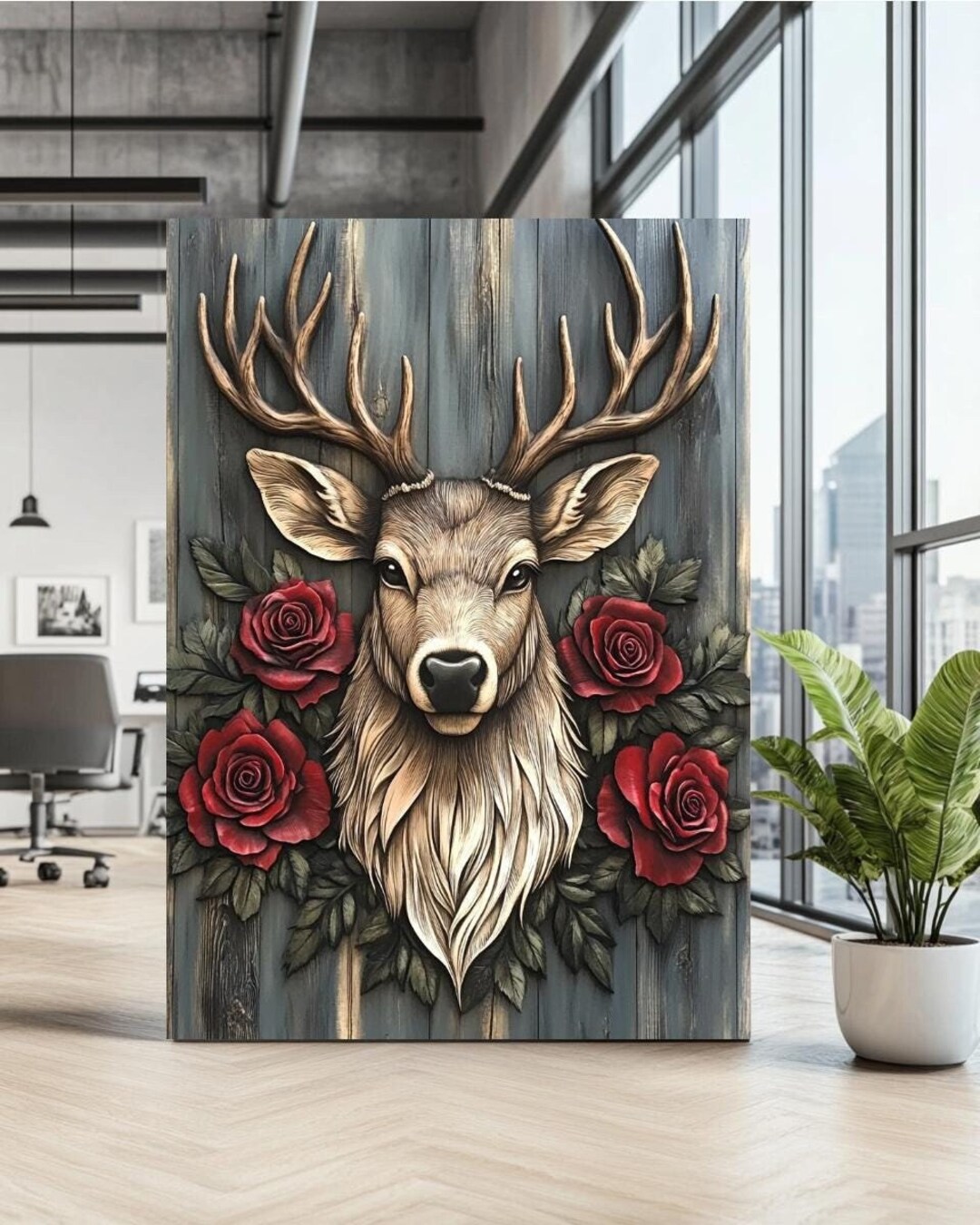 Rustic Deer Wall Art | Stag With Roses Canvas Print | Unique Woodland ...