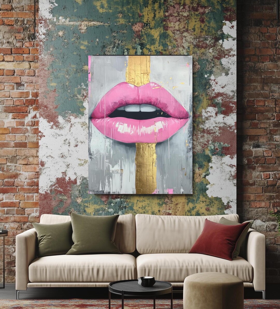 Pink Lips Canvas Wall Art | Glam Gold Drip Lip Print | Trendy Abstract ...