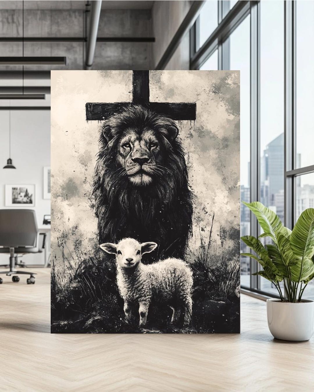 CANVAS PRINT Lion and Lamb Cross Christian Wall Art Faith-inspired ...