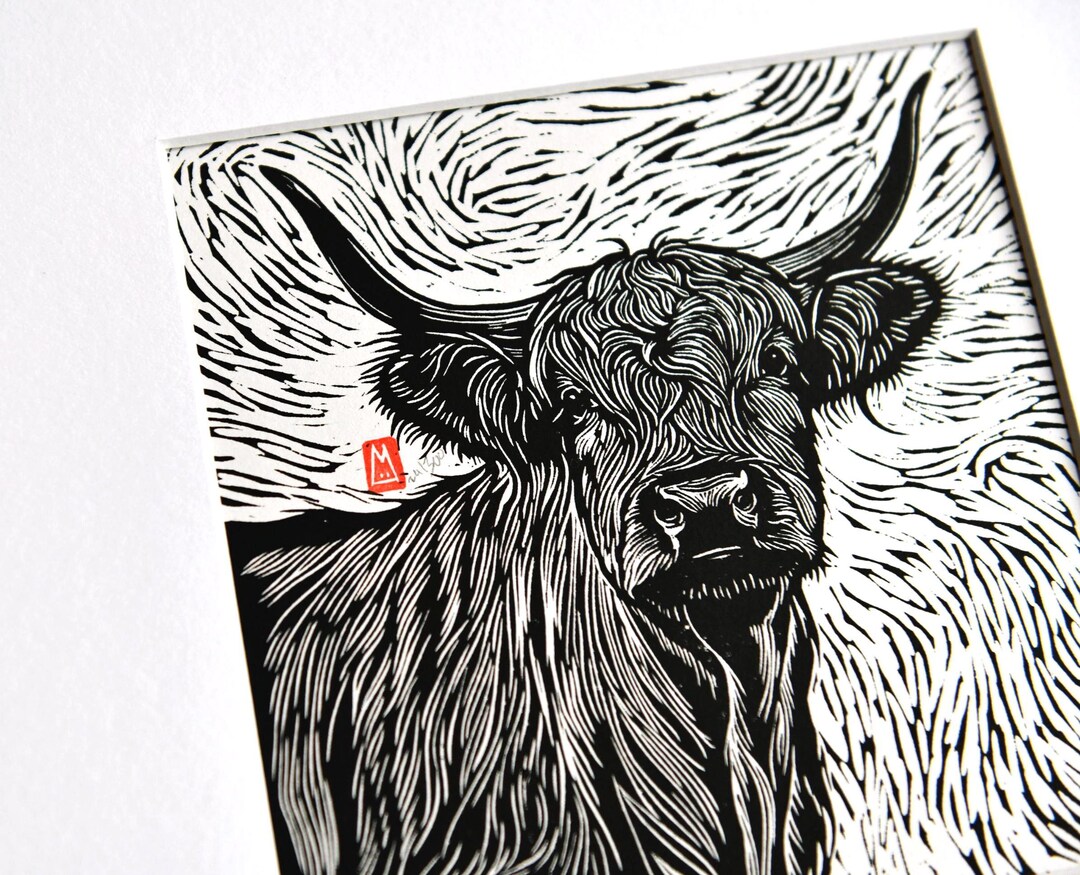 Lino Cut Print Scottish Highland Cow - Etsy