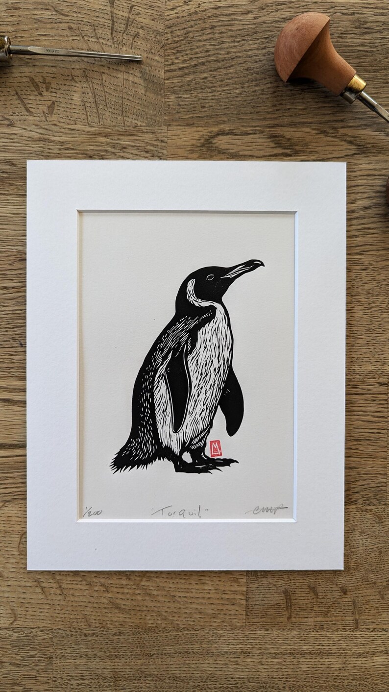 Lino Cut Print Emotional Support Penguin Scottish Art Bird Natural ...