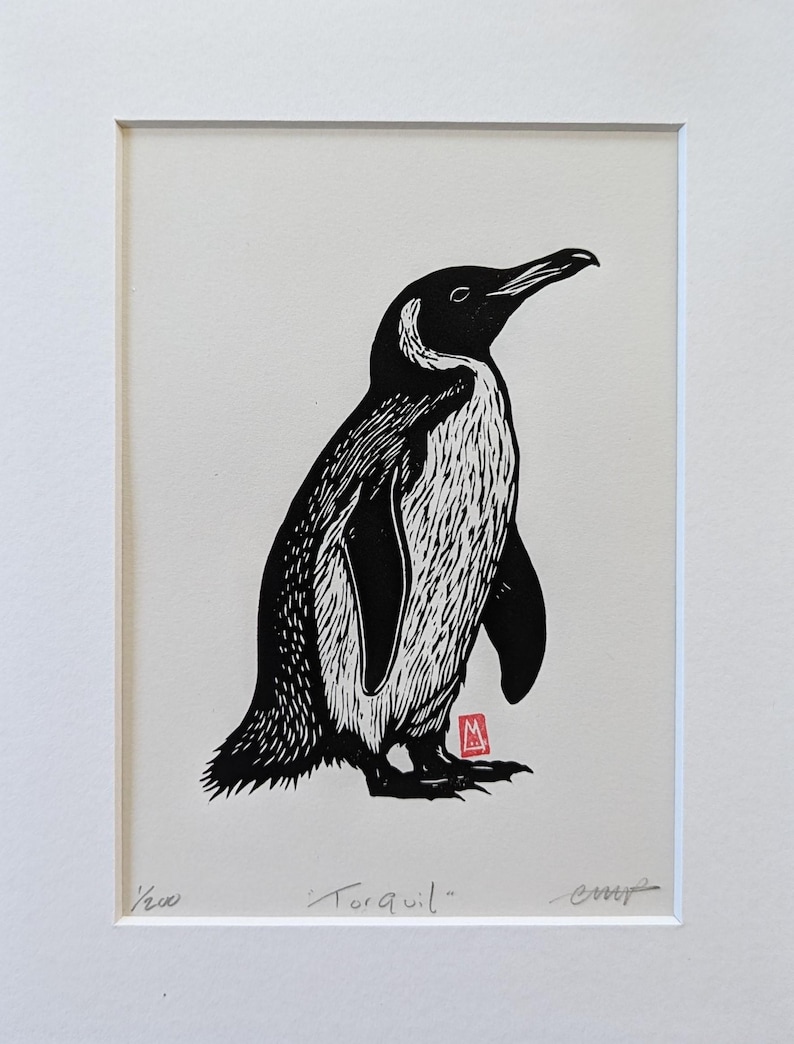 Lino Cut Print Emotional Support Penguin Scottish Art Bird Natural ...