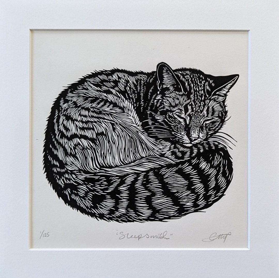 Lino Cut Print Sleeping Cat Scottish Art - Etsy UK